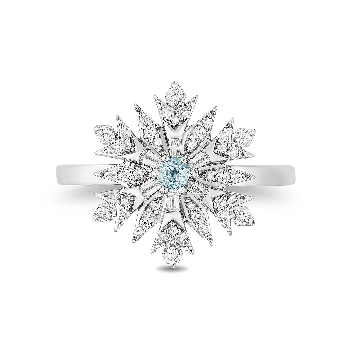 Jewelili Enchanted Disney Fine Jewelry Sterling Silver with 1/4 CTTW Diamonds and Sky Blue Topaz Elsa Snowflake Ring Size 8