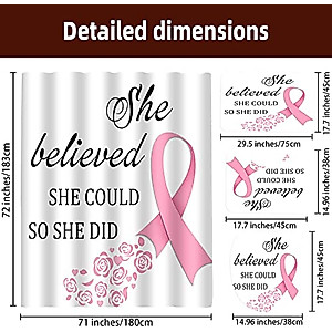 EARVO 4PCS Pink Ribbon Shower Curtain Sets with Non-Slip Rugs Bath U-Shaped Mat Toilet Lid Cover Breast Cancer Awareness Bathroom Decor Set Accessories with 12 Hooks 71x72 in SETMYEA78