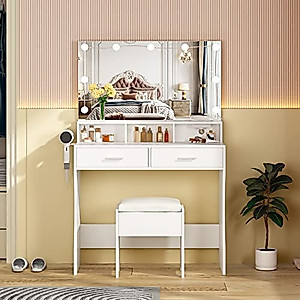 Makeup Vanity White, Clearance Desk with Lighted Mirror & Power Outlet, 3 Lighting Colors, Brightness Adjustable, 31.5in(W)