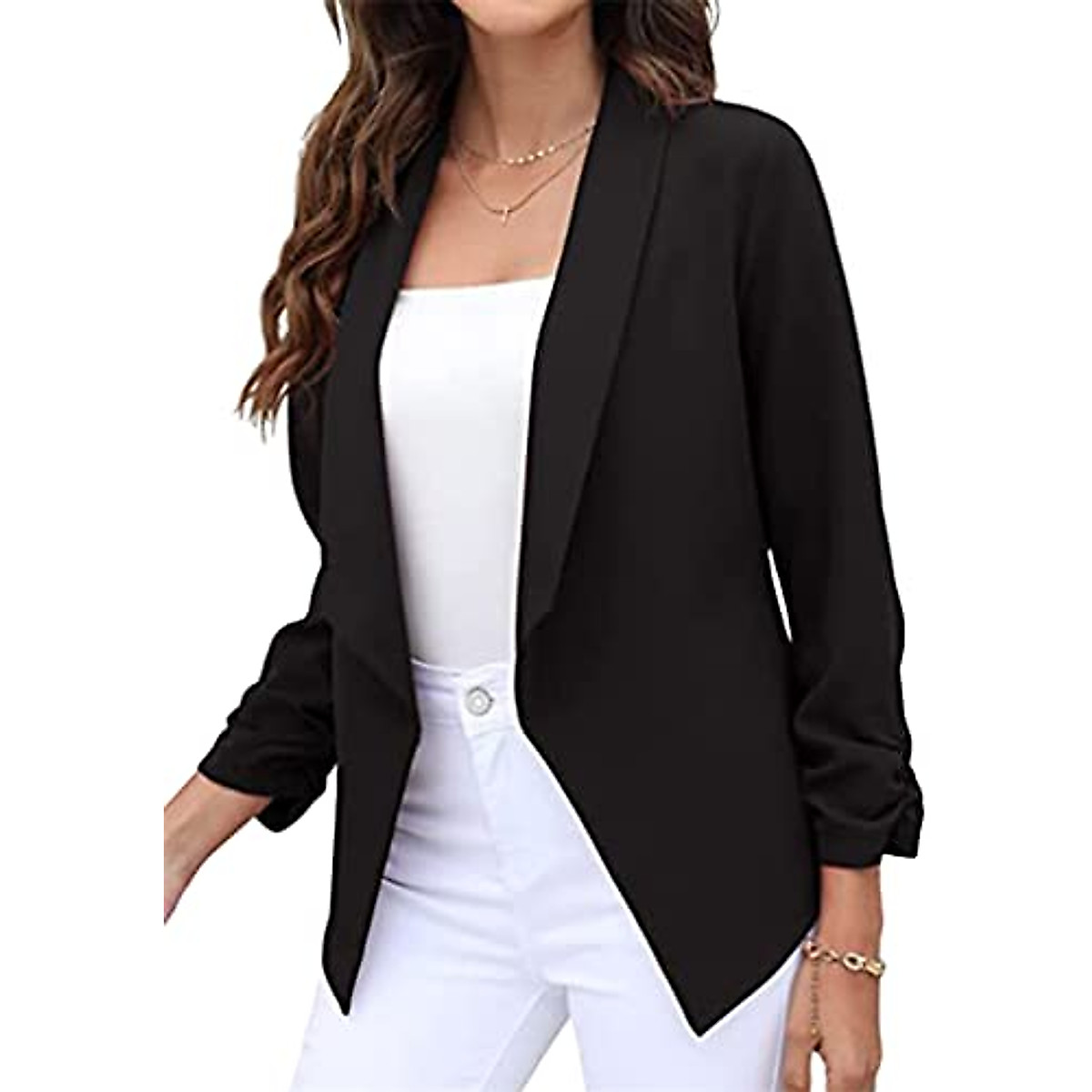 BOFETA Women's Casual 3/4 Sleeve Blazers Open Front Solid Lapel Ruched Sleeve Jacket Blazer Black M