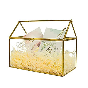 YIMORENCE V Gold Wedding Glass Card Box – Large Wedding Card Holder Gold Handmade Brass Vintage House Shape with Lid (House Gold)