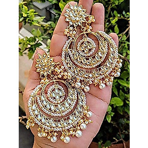 I Jewels Gold Plated Indian Wedding Bollywood Chandbali Kundan & Pearl Earrings for Women (E7077W)