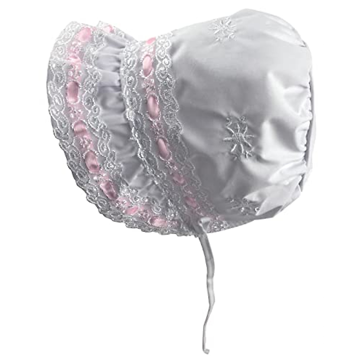 N'Ice Caps Baby Girls Bonnet White Lace Newborn Infant Toddler Sun Hat Special Occasion (White with Pink Ribbon, Newborn)
