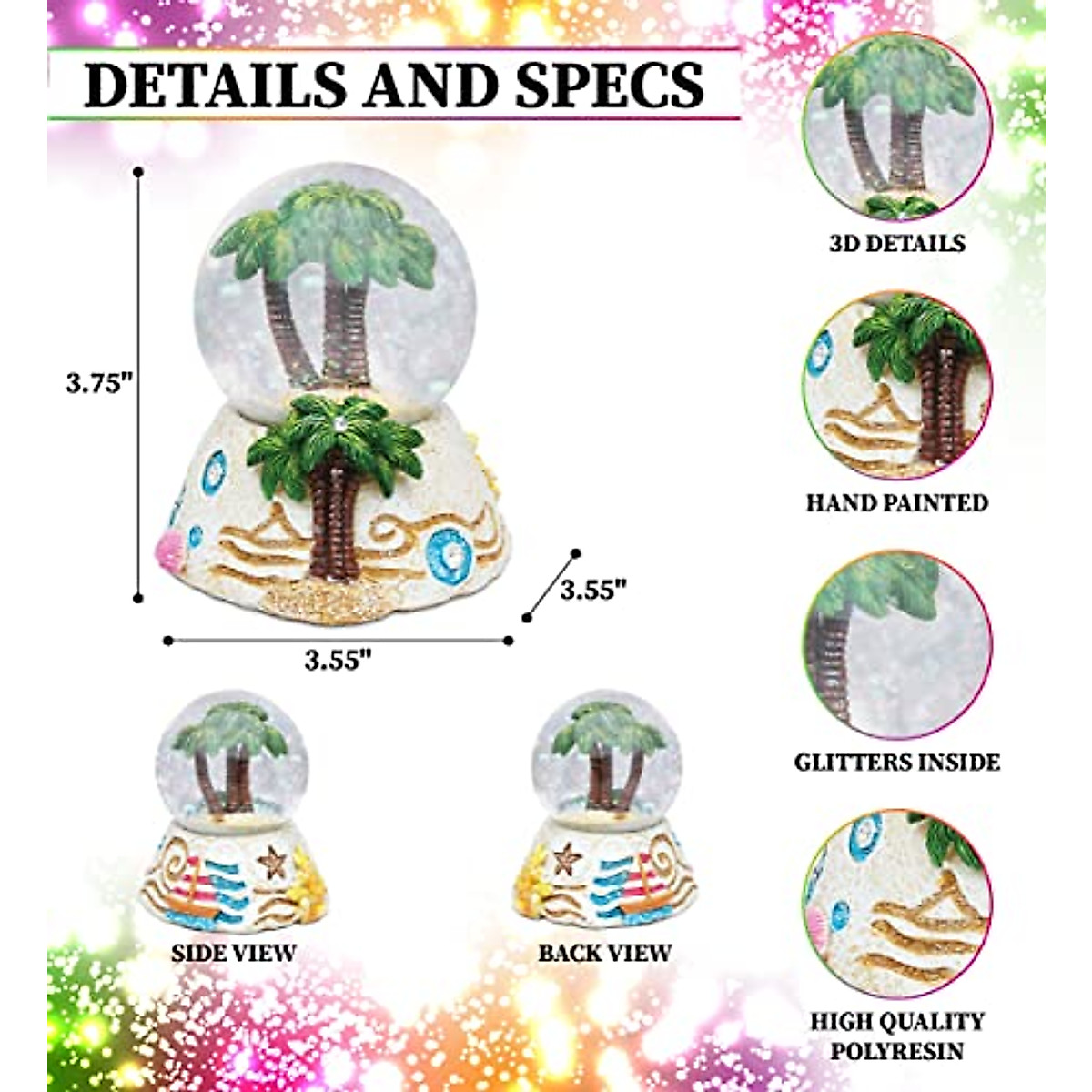 COTA Global Palm Tree Stone Snow Globe - Sparkly Water Globe Figurine with Sparkling Glitter, Collectible Novelty Ornament for Home Decor, for Birthdays, Christmas and Valentine's Day