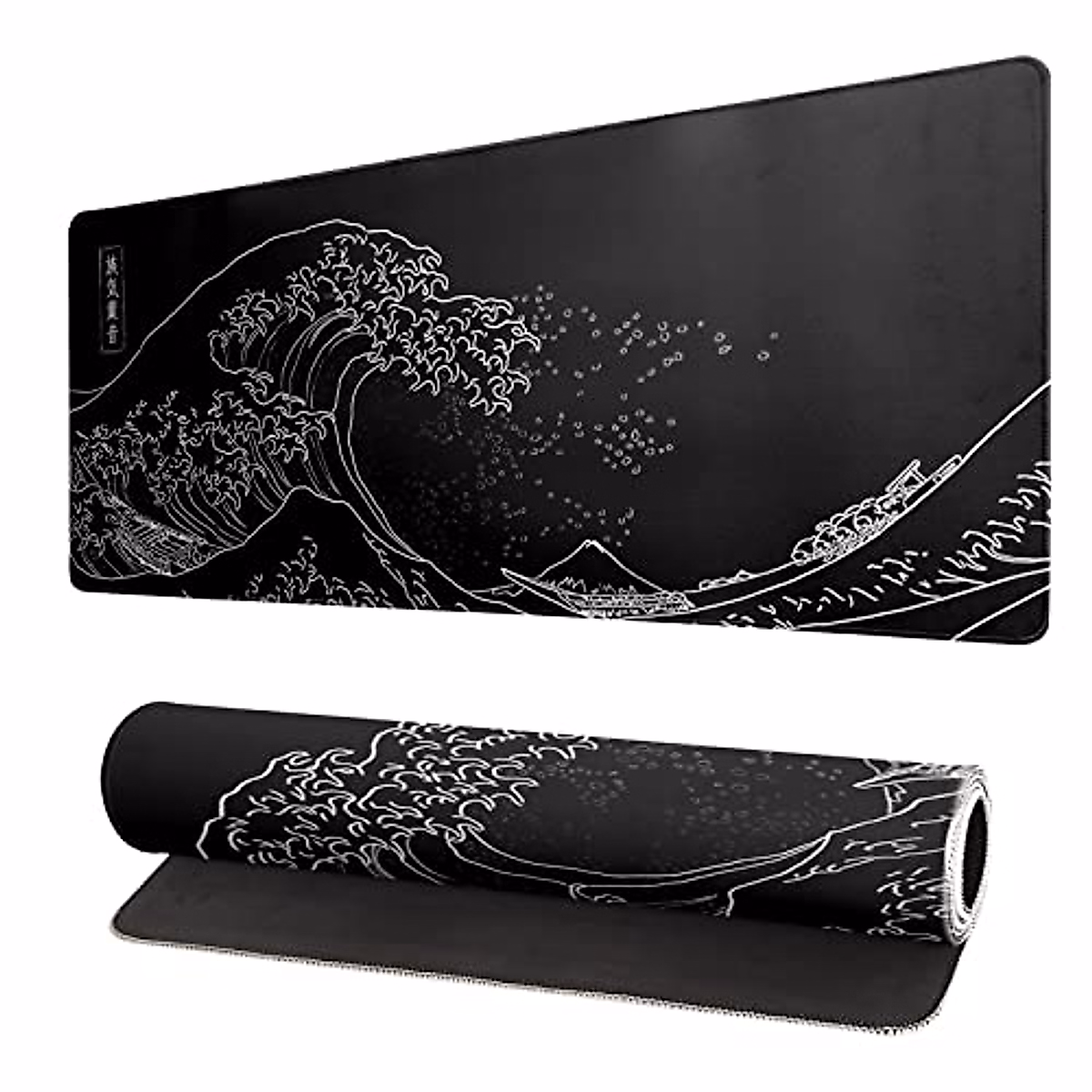 Japanese Sea Wave Gaming Mouse Pad 31.5x11.8 Inch Anime Black Mouse Pad Big Kanagawa Large Mousepad Extended Non-Slip Rubber Base Waterproof Big Keyboard Mat with Stitched Edges for Gaming and Office