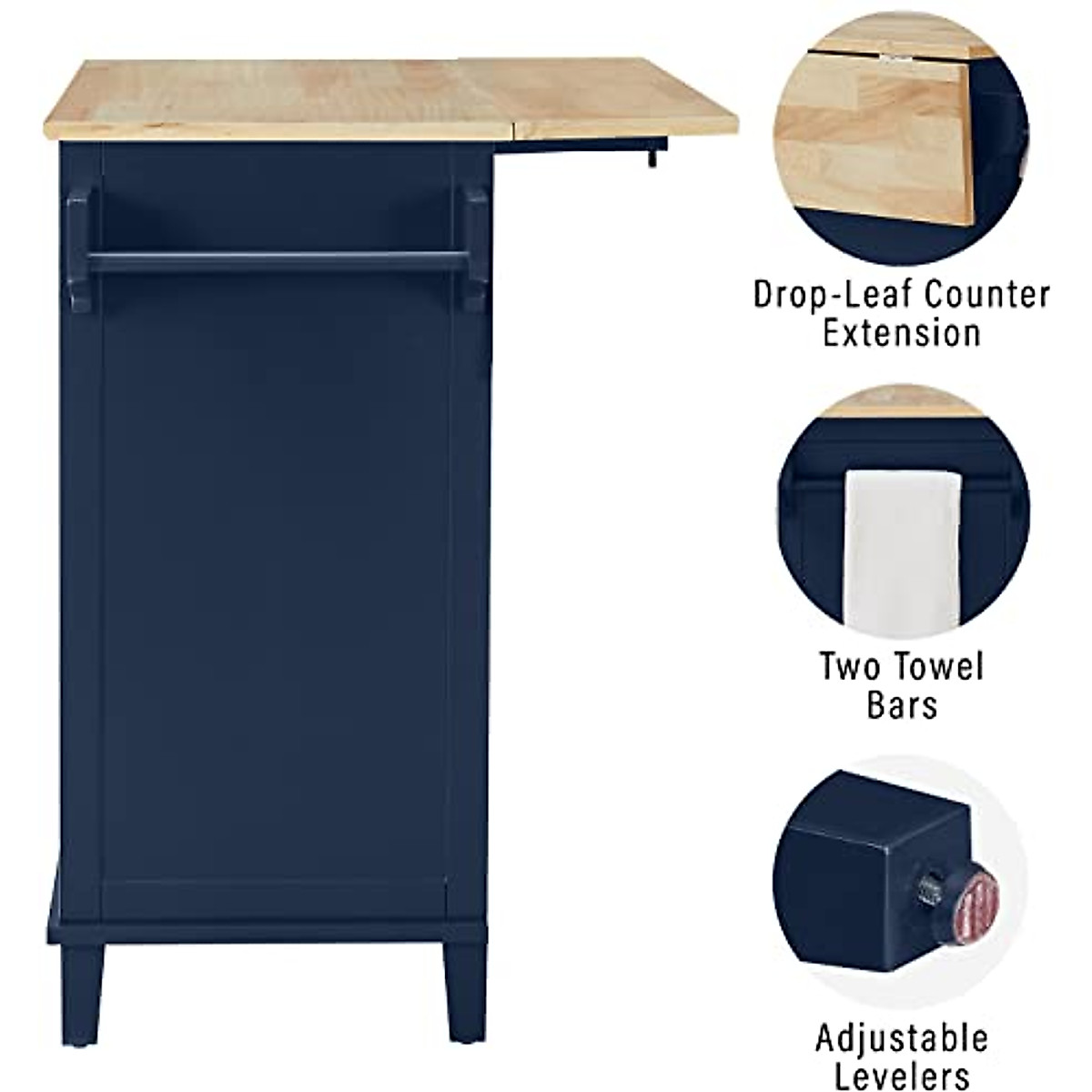 Crosley Furniture Cora Drop Leaf Kitchen Island Microwave Stand, Coffee Bar with Storage Drawers and Shelves, Navy