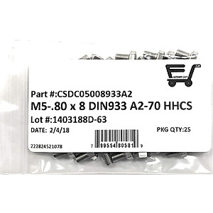 M5-.80 X 8 Hex Head Cap Screw Hex Bolts DIN933 (M5x8) Full Thread A2-70 Stainless Steel (25 Pieces)