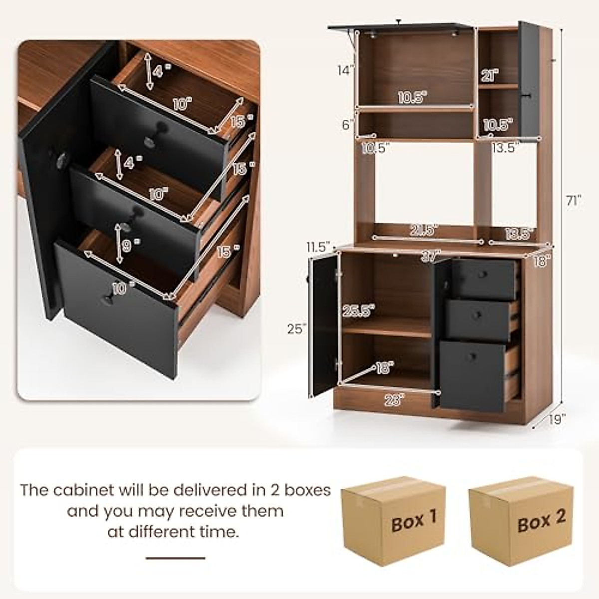 PETSITE Kitchen Buffet Hutch Storage Cabinet, 71'' Freestanding Pantry with 3 Cabinets & Drawers, Adjustable Shelves, Microwave Cupboard for Living Room, Dining Room