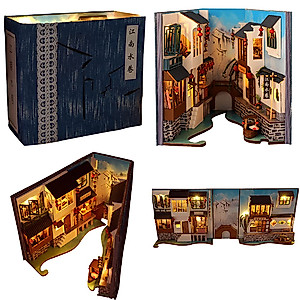 WonDerfulC 3D Wooden Book Stand Puzzle DIY Dollhouse Wood Bookends Book Nook Model Building Kit with LED Light for Teens and Adults to Build-Creativity Gift for Birthdays Christmas Halloween