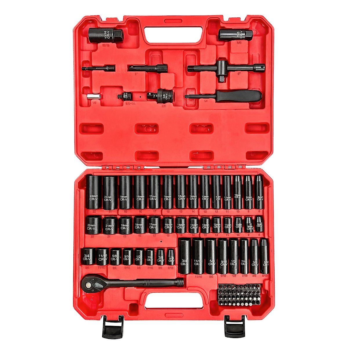 WETT 3/8" Drive Impact Socket Set, 95-Piece Socket Wrench Set, SAE/Metric, Deep/Shallow, CR-V Steel Kit, (5/16"-3/4", 8-22mm), 3/8" Ratchet Handle, Adapter, Extension Bar, Spark Plug Socket, 1/4" Bits