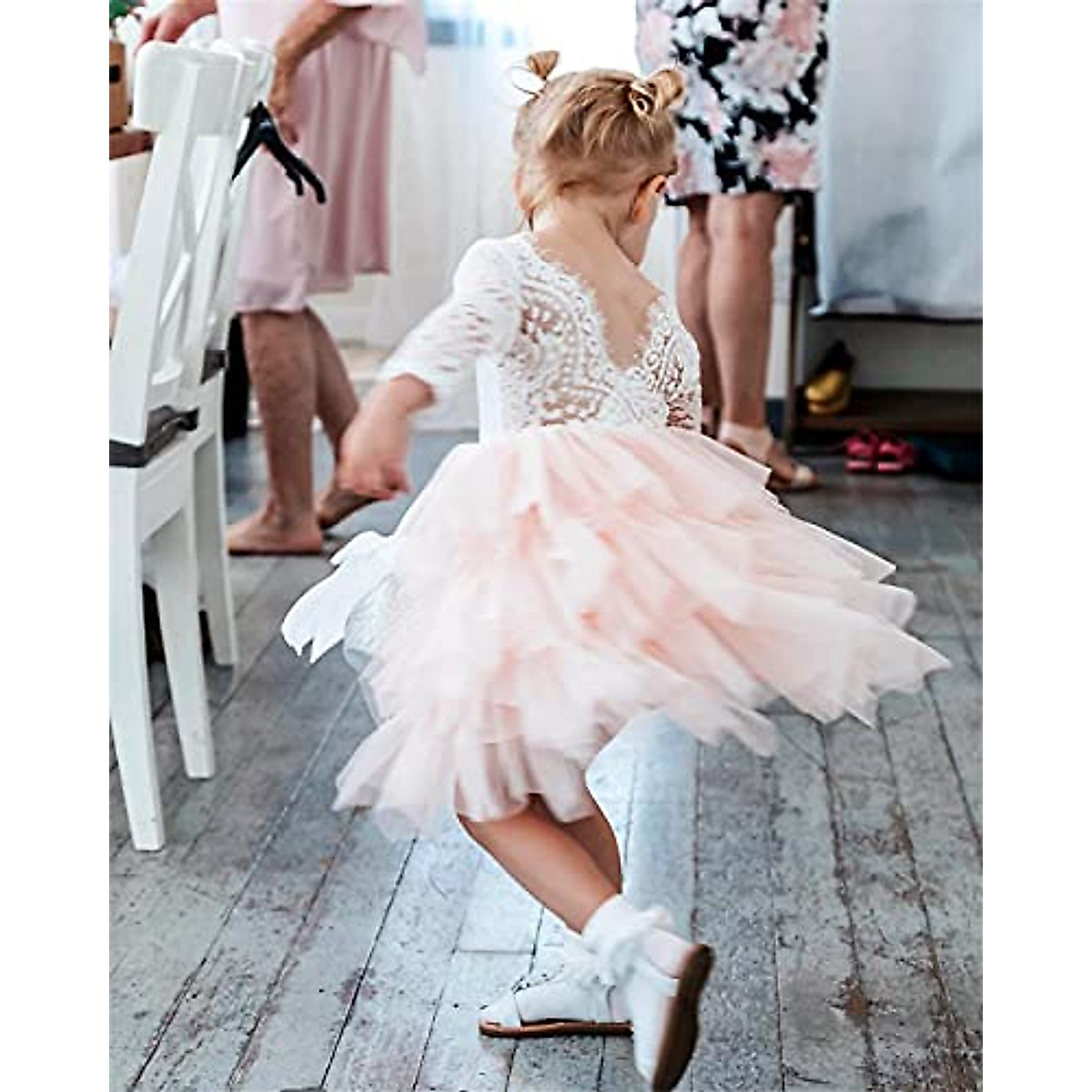 2Bunnies Girl Peony Lace Back A-Line Tiered Tutu Tulle Flower Girl Dress (Pink 3/4 Sleeve Short, 12Months)