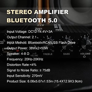 LP-838 2.1 Bluetooth Amplifier 38W+38W+50W Power Output with Remote Control Function, 2.1 Channels Bluetooth Amplifier Supports Bluetooth/USB/RCA Input(with 12V/5A DC Power Supply)