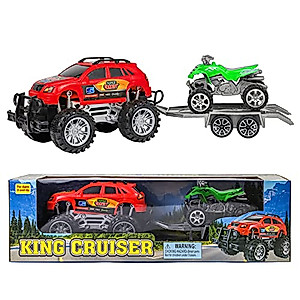 Kidplokio Monster Trucks Red ATV Off Road Friction Toys Trailer Pull Back Cars