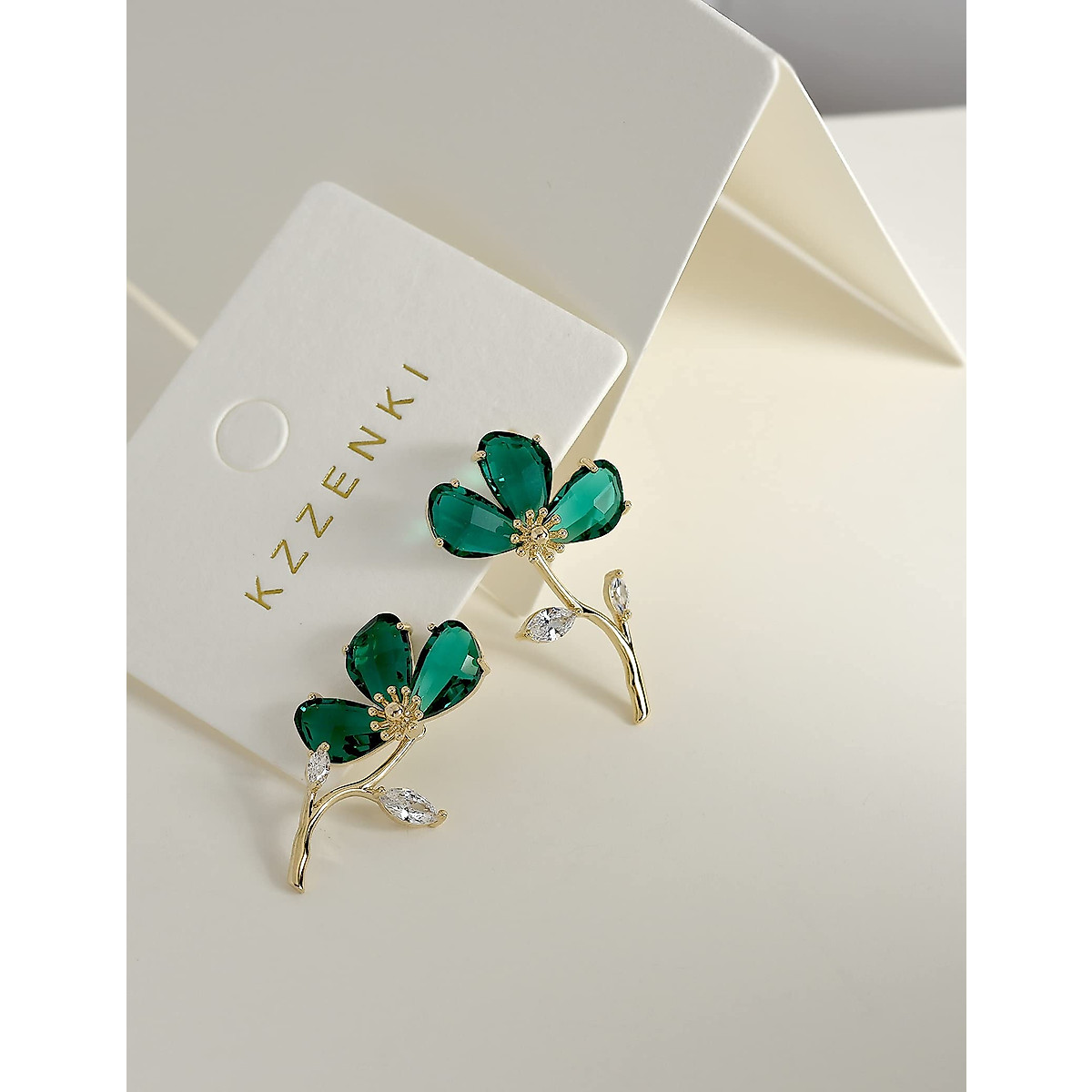 KZZENKI Green Flower Earrings with Stud, Statement Gold Dangle Earrings for Women Trendy Drop Earrings Gift