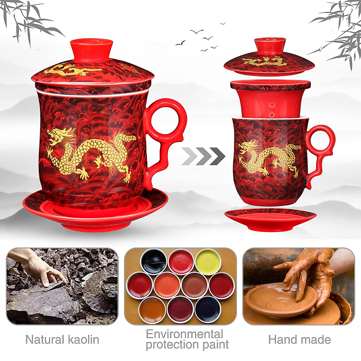 YURROAD 2 Pack - Ceramic Tea Cup with Infuser and Lid Tea Mugs Teaware with Filter and Coaster Porcelain Tea Steeping Mug - 13.5 oz / 400ml