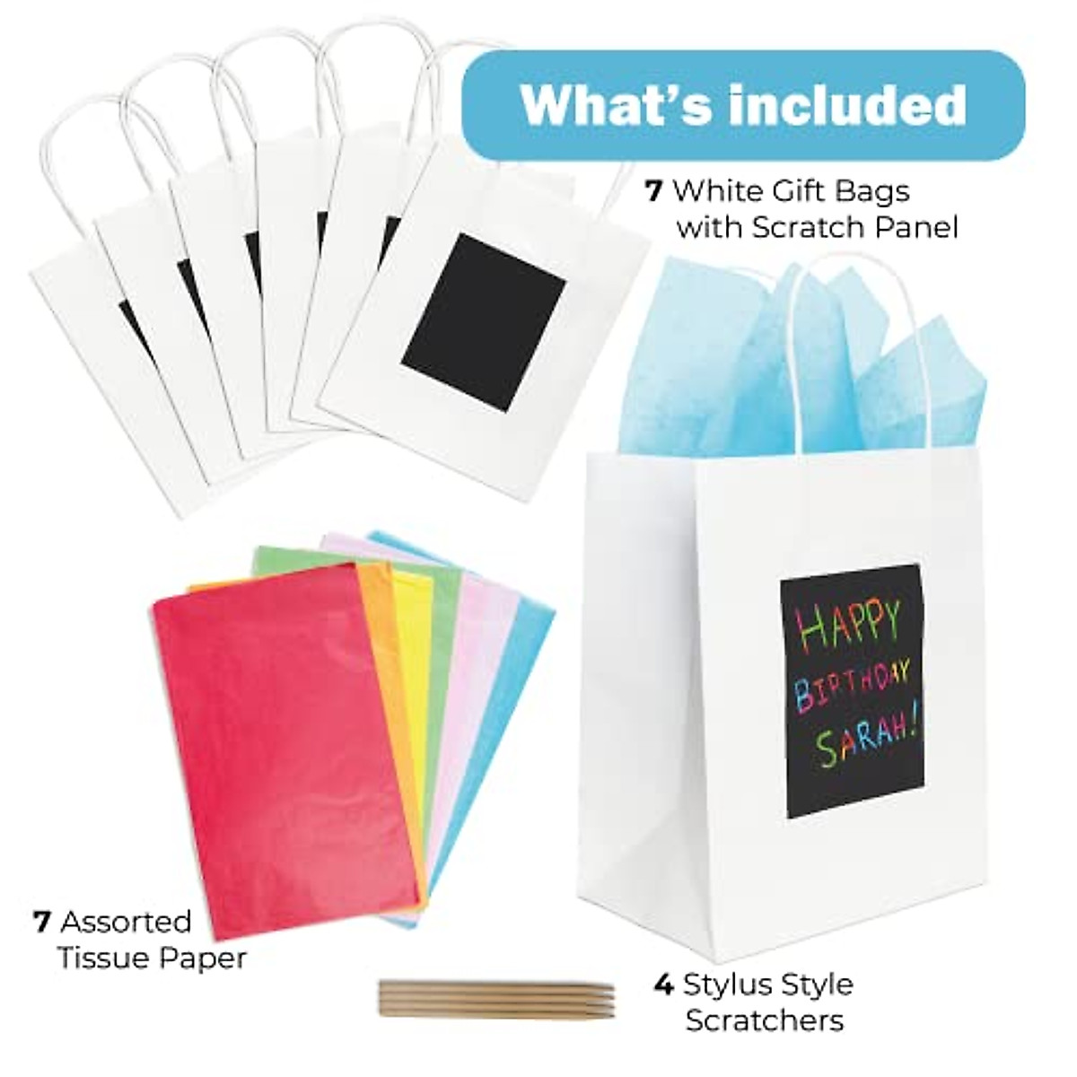 PURPLE LADYBUG 7 White Gift Bags with Handles & Scratch Panel for Messages - Unique Easter Gift Bags Medium Size, Wedding Gift Bag with Tissue Paper, Party Gift Bags, & Small Gift Bags Bulk