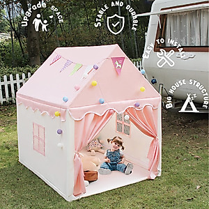 Princess Castle Play Tent for Kids, 100% Natural Fabric Extra Large Foldable Fairy Pink Tent for Girls, Playhouse with Lights and Flags for Children Indoor & Outdoor by WOOD CITY (52"x 40"x 47")