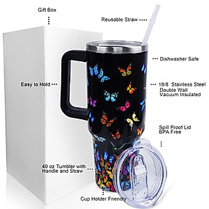 PERRIFIC Butterfly Tumbler 40 oz Tumbler with Handle and Straw Lid Leak Proof - Butterfly Coffee Travel Mug with Handle Insulated for Hot and Cold Drink Ice - Mothers Day Birthday Gifts for Women Cup