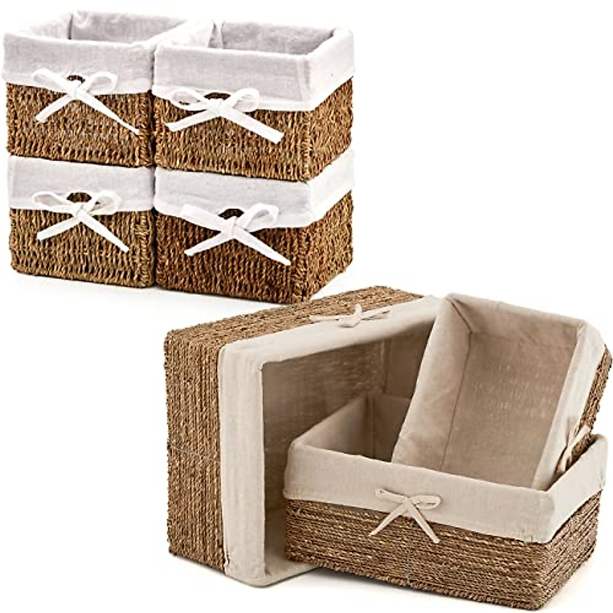 EZOWare Set of 7 Natural Woven Seagrass Wicker Storage Nest Baskets Shelf Organizer Container Bins with Liner