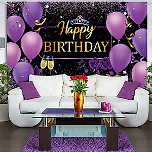 Happy Birthday Decorations Banner, Purple Happy Birthday Sign Birthday Party Supplies Purple Photo Backdrop Background with Rose for Birthday Party Favor for Women Girl Celebration 72.8 x 43.3 Inch