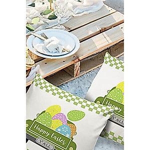 Pack of 2 Outdoor Pillow Covers Happy Easter Colorful Floral Texture Truck Waterproof Decorative Patio Cushion Cover Green Check Outdoor Throw Pillows for Patio Furniture Garden Sofa 18x18 Inch