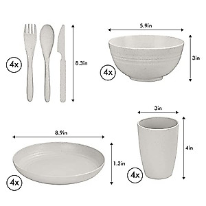 Wheat Straw Dinnerware Sets for 4 Lightweight & Unbreakable Dishes Microwave & Dishwasher Safe Perfect for Camping, Picnic, RV, Dorm Plates, Cups and Bowls (Beige, 24pc Set)