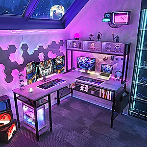 Unikito L Shaped Computer Desk with LED Strip and Power Outlets, Reversible L-Shaped Corner Desk with Storage Shelves and Bag, Industrial Home Office Desk Gaming Table with USB Port, White Oak