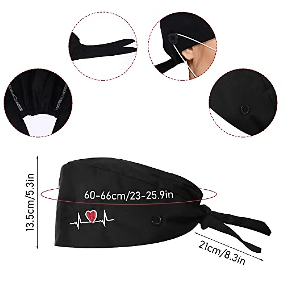 Lusofie Adjustable Working Cap with Button Sweatband Surgical Cap Nurse Hat Cotton Ponytail Holder Scrub Caps Tie Back Hats for Women Men