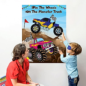 ANGOLIO Monster Truck Pin The Tail Games Party Supplies Pin The Wheels on The Monster Truck Poster Birthday Collection Favor Baby Shower Background Game Accessories for Kids (includes 2 Blindfolds)