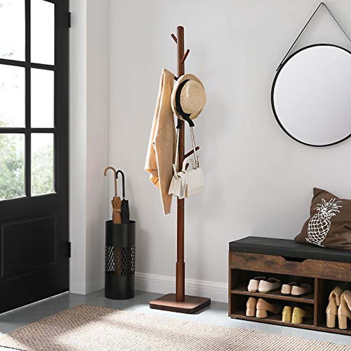 VASAGLE Solid Wood Coat Rack, Free Standing Hall Coat Tree with 8 Hooks, 3 Height Options, for Coats, Hats, Bags, Purses, for Entryway, Hallway, Rubberwood Hooks and Pole, Dark Walnut URCR010W01
