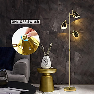 Tree Floor Lamp for Living Room, Industrial 3-Light Standing Lamp with 3 LED Bulbs, Adjustable Rotation Heads, Standing Tall Pole Lamp Farmhouse Rustic Reading Lamps for Bedroom Office (Gold)