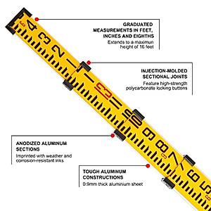 Firecore 16-Foot Aluminum Grade Rod - 8ths, 5 Sections Dual Sided Telescoping Leveling Rod with Bubble Level and Carrying Case - FLR500C