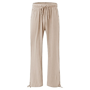 SHAOBGE Linen Pants for Women Summer High Waisted Wide Leg Pants Casual Elastic Waist Palazzo Pants Beach Pants with Pockets, X-Large, #2-Beige