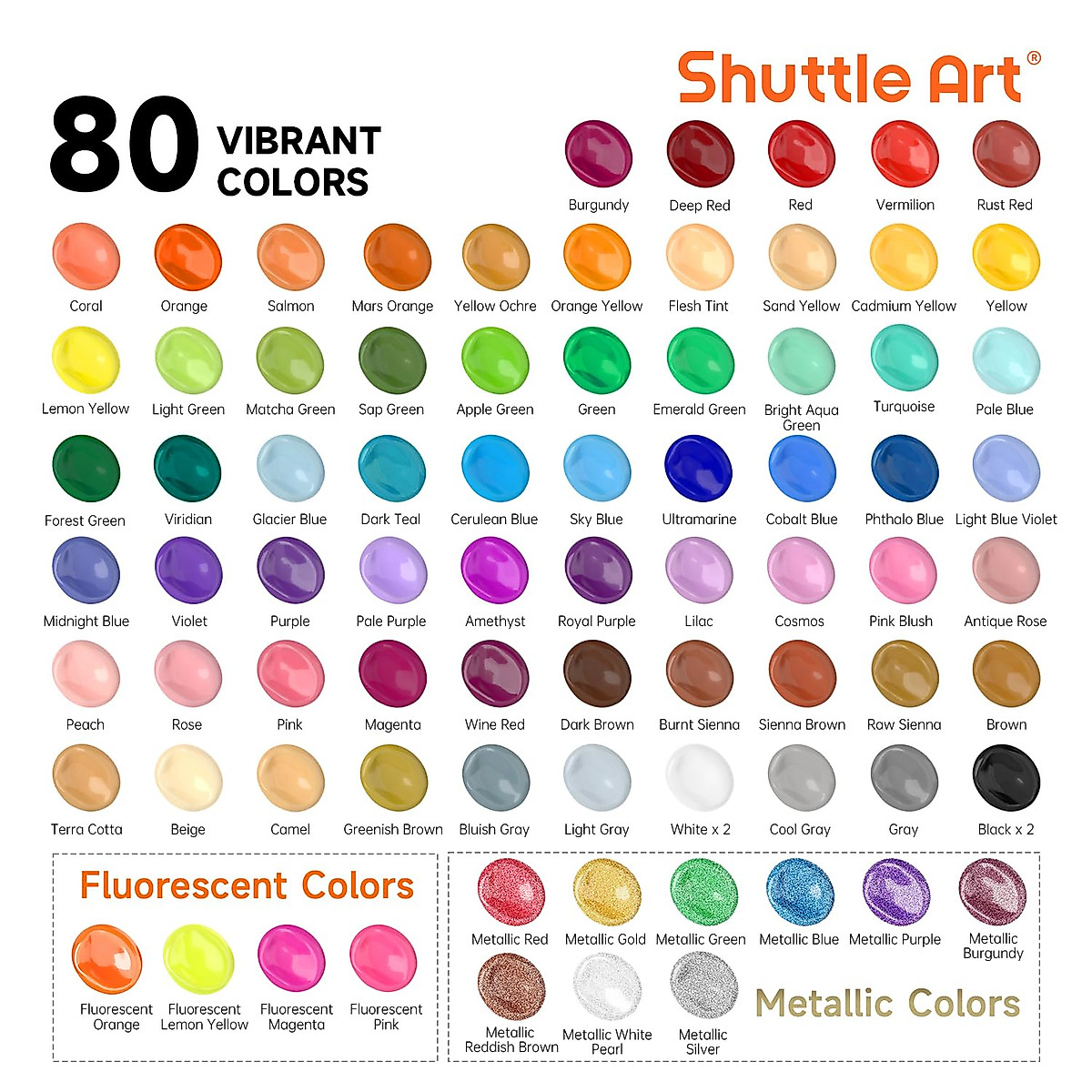 80 Colors Acrylic Paint, Shuttle Art Acrylic Paint set with 12 Paint Brushes, 2oz/60ml Bottles, Rich Pigmented, Water Proof, Premium Paints for Artists, Beginners and Kids on Canvas Rocks Wood Ceramic