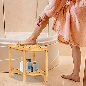 16" Bamboo Corner Shower Bench with Shelf, Corner Shower Stool for Shaving Legs, Shower Foot Rest Stool, Waterproof Wood Storage & Seat for Bathroom, Shower, Spa, Sauna, Shower Stool for Inside Shower