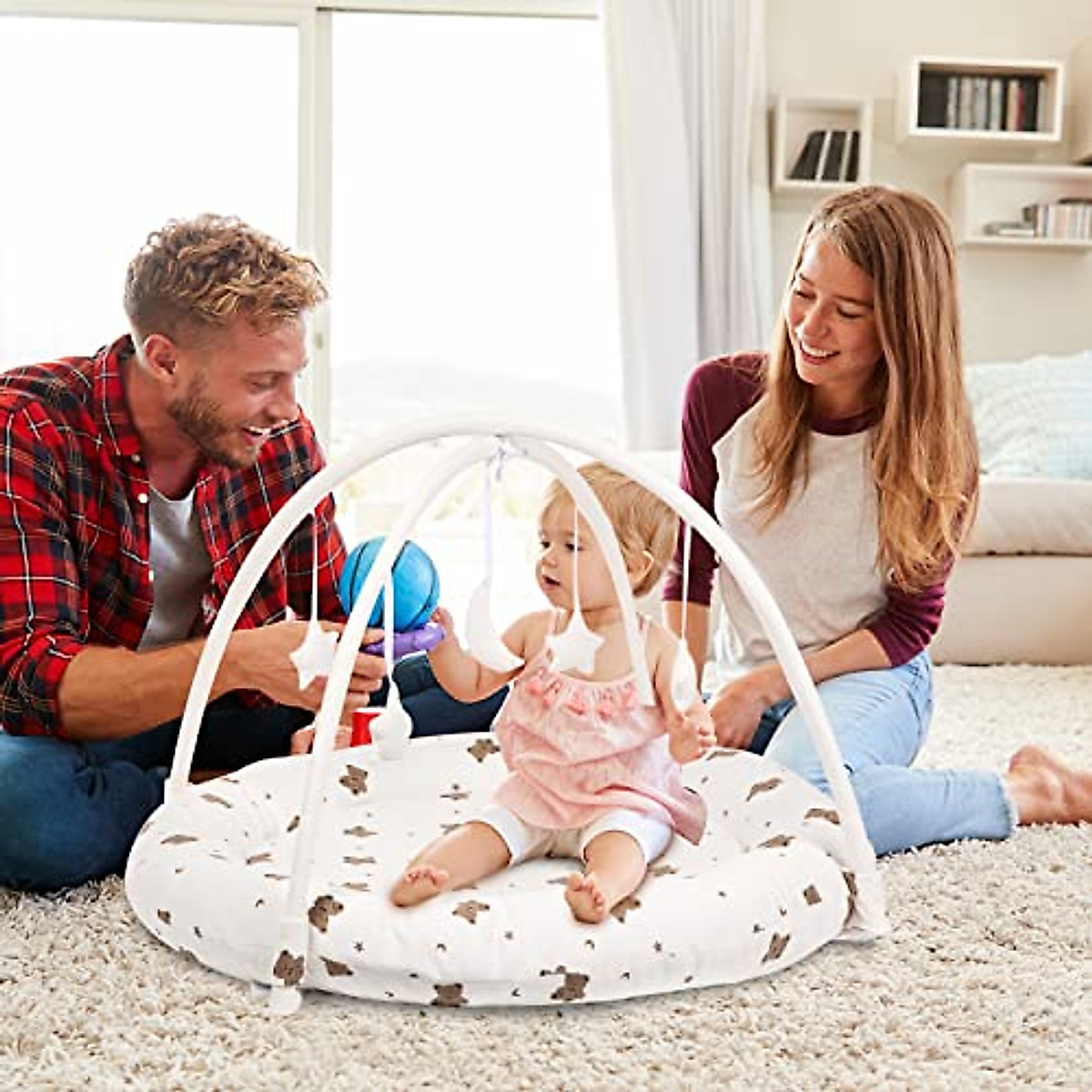 Beright Baby Gym, Baby Play Gym with Movable and Detachable Hoops, Baby Activity Center with Hanging Out Toys in Shape of a Moon and Stars, Perfect Newborn Toys, Bear