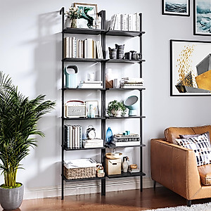 ODK Ladder Shelf, 6 Tier Black Bookshelf, 86 Inch Wall Mounted Book Shelf with Metal Frame, Ladder Bookshelf Bookcase for Bedroom, Home Office and Living Room