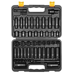 DEKOPRO 48 Piece 3/8-inch Drive 6 Point Impact Socket Set, Standard and Deep, Metric and SAE, CR-V Steel with Extension Bar and Universal Joints