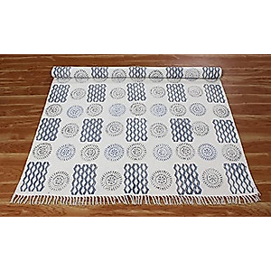 Casavani Hand Block Printed Rug Abstract Blue & Beige Tassel Rug Easy Care Washable Rugs for Doormat Entryway Living Room Bedroom Hallway Balcony 2.6x8 Feet Runner