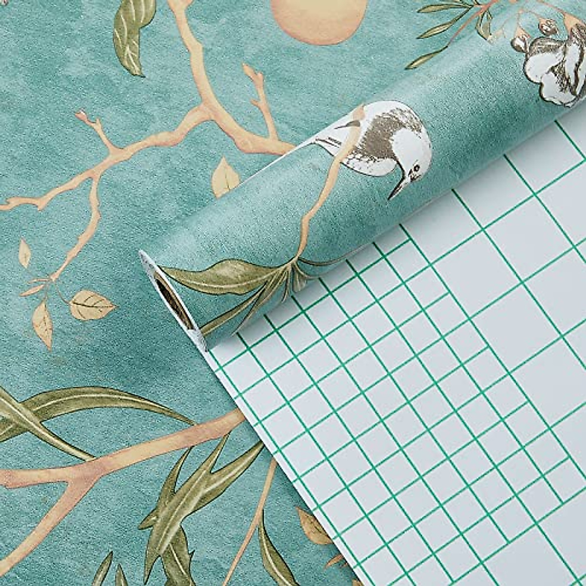 Floral Peel and Stick Wallpaper Contact Paper: Vintage Removable, Bird Stick on Wallpaper 17.7 x 118.1 inch Self Adhesive Green