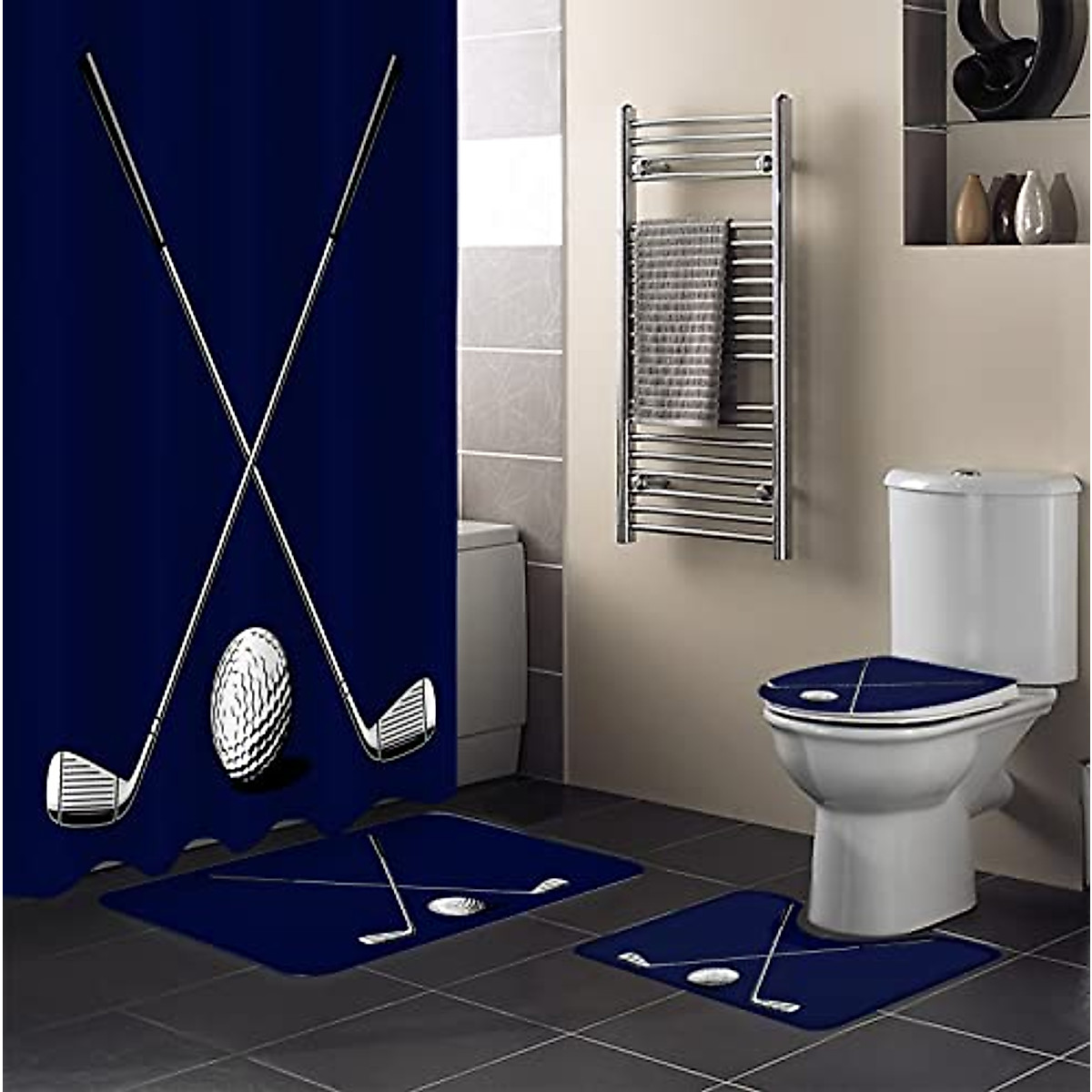 LiDU Golf Club 4 Pcs Shower Curtain Set, 36" x 72" Waterproof Shower Curtains with 12 Hooks, Golf Sport Navy Blue Modern Abstract Art Bathroom Sets with Shower Curtain and Rugs