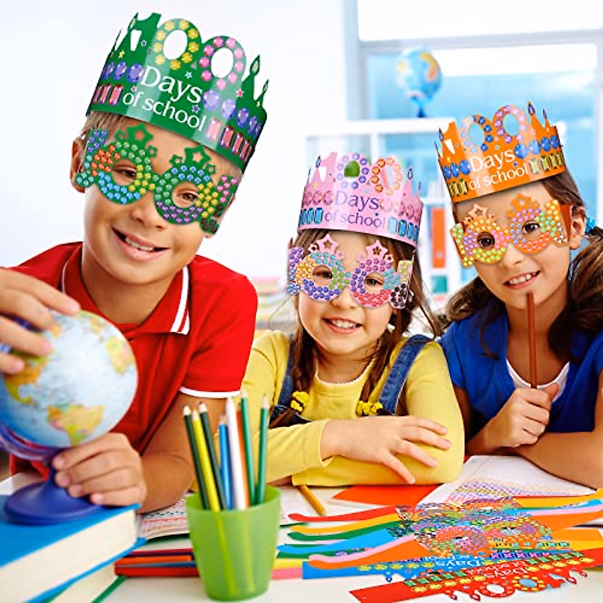 48 Pcs 100 Days of School Party Supplies 100th Day of School Crown Bulk Rhinestone Star Eyewear Glasses and Crowns 100 Days School Paper Party Hats and Eyeglasses for Kids School Classroom Decoration