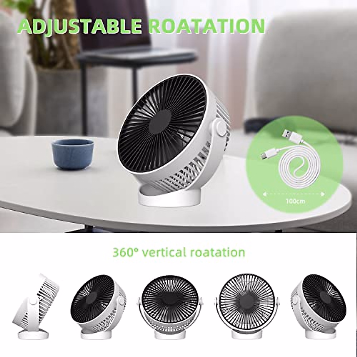 Ymumuda Desk Fan - 3 Speeds Desktop Table Cooling Fan, 6.5 Inch Rechargeable Portable Fan, Strong Airflow & 360°Rotation Adjustable, Powered by USB, Table Fan for Home Office - White