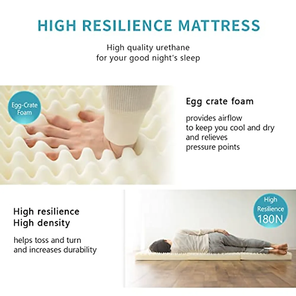 EMOOR Tri-Fold Mattress Start Twin (78x38x3in) 180N, High Resistance Egg Crate, Washable Cover, Gray, Minimalist,