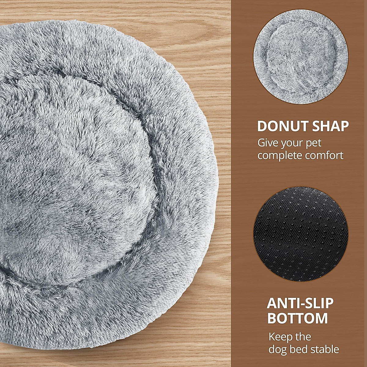 JOLLYVOGUE Donut Dog Bed, Comfort Round Dog Bed, Anti-Anxiety Calming Cuddler Dog & Cat Bed, Fluffy Faux Fur Cushion Bed for Small Medium Dogs and Cats, 20"