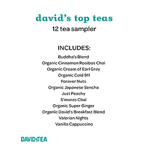 DAVIDsTEA David’s Top Teas Sampler, Loose Leaf Tea Gift Set, Assortment of 12 Fan Favourite Teas, 109 g / 3.8 oz