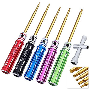 6-Pack Mini 0.9mm 1.27mm 1.3mm 1.5mm 2.0mm Hex Screw Driver Set Titanium Hexagon Screwdriver & 4-Way Wrench Tool Kit for Axial SCX24 1/24 RC Crawler Truck