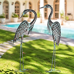 Kircust Garden Crane Statues, Standing Metal Patina Heron Decoy Outdoor Statue, 42-46 Inch Bird Yard Art for Patio Lawn Pond, Set of 2