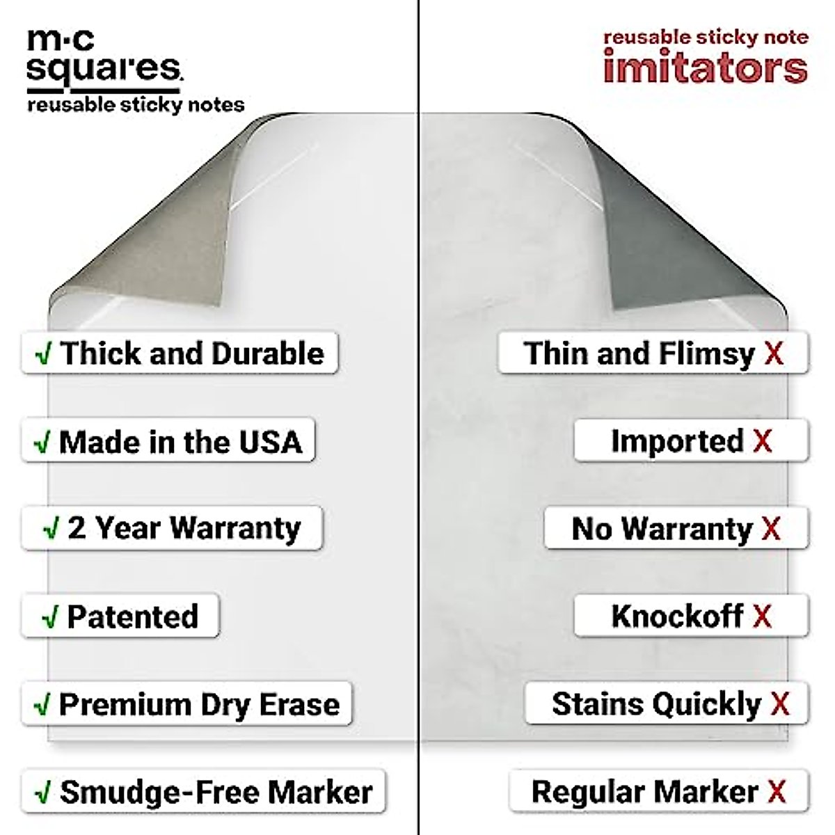 M.C. Squares Dry Erase Reusable Sticky Notes | 4x4 Stickies 6-Pack | 2-Year Re-Stickable & Erasable Post Notes | Smudge-Free Tackie Marker | USA Made