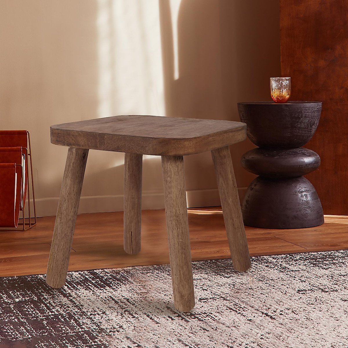 Jurath Natural Solid Wood Step Stool Wood Stool for Kids 11.7'' Sturdy Sitting Stool Wooden Step Stool for Adults Square Stool Wood Plant Stand Small Foot Stool with Four Detachable and Assembled Legs